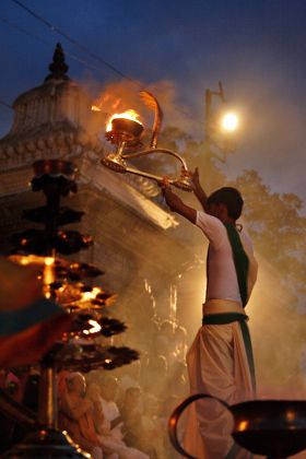 Priest Performs Aarati Hindu Ritual Near Editorial Stock Photo - Stock ...