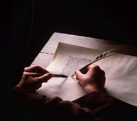 Scribe Writing Letter On Parchment Scroll Editorial Stock Photo - Stock ...