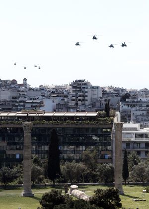 Greek Army Helicopters Fly Over Temple Editorial Stock Photo - Stock ...