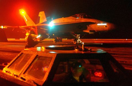 Flight Deck Sailors Launch F18 Hornet Editorial Stock Photo - Stock ...