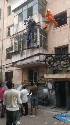 Firefighter Climbs Through Balcony Window Hanging Editorial Stock Photo ...