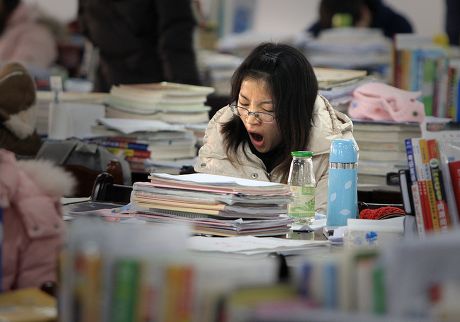 Chinese Girl Yawning Library Preparing Exam Editorial Stock Photo ...
