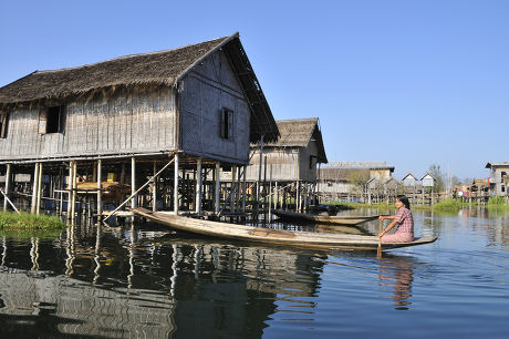 Woman Row Boat Front Pile Dwellings Editorial Stock Photo - Stock Image ...