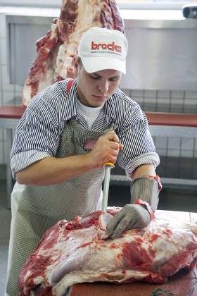 Model Released Butcher Apprentice Cutting Beef Editorial Stock Photo ...