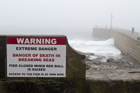 Warning Sign Pier Porthleven Cornwall England Editorial Stock Photo ...
