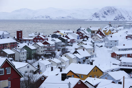 Snowcovered Village Porsangerfjord Back Honningsvag Mageroya Editorial ...