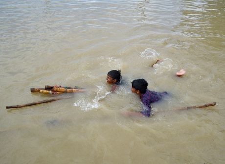 Indian Boys Cross Flooded River Ganges Editorial Stock Photo - Stock ...