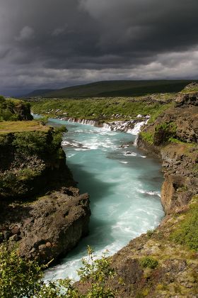 Hvitariver Hraunfossarwaterfalls Lavawaterfalls Right Side Near ...