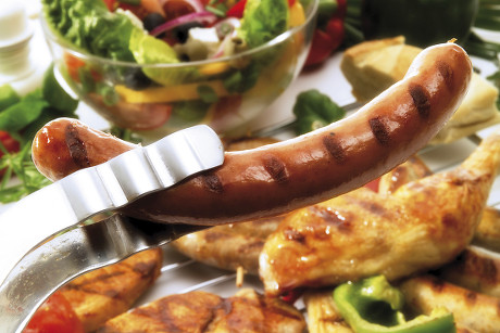 Barbecue Tongs Holding Grilled Polish Sausage Editorial Stock Photo ...