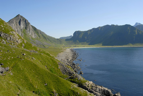 Steep Coastline Bay Near Unstad Lofoten Editorial Stock Photo - Stock ...