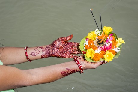 Pair Henna Painted Hands Holding Deepak Editorial Stock Photo - Stock ...