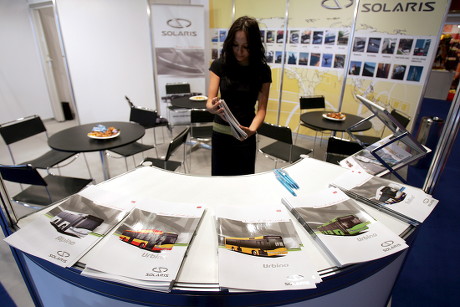 Exhibitor Arranges Catalogs Their Products Solaris Editorial Stock ...