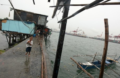 Filipino Boy Walks Flood Control Dike Editorial Stock Photo - Stock ...