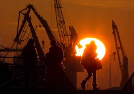 Cranes People Walking Front Them Silhouetted Editorial Stock Photo ...