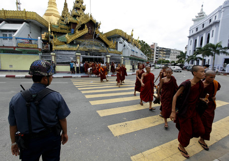 Buddhist Monks Walk Beside Police Officer Editorial Stock Photo - Stock ...