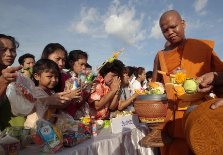 Buddhist Monks Receive Offerings Devotees During Editorial Stock Photo ...