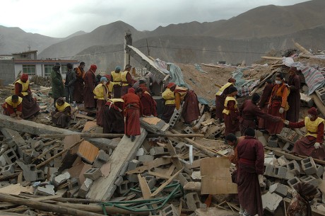 Tibetan Monks Search Victims Rubble Collapsed Editorial Stock Photo ...