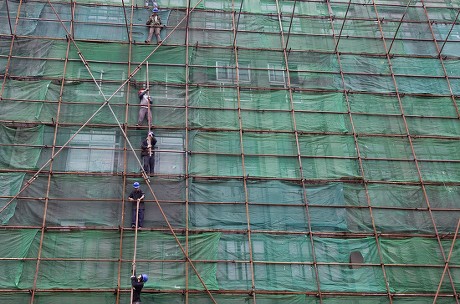 Construction Workers Move Scaffolding Side Residential Editorial Stock ...