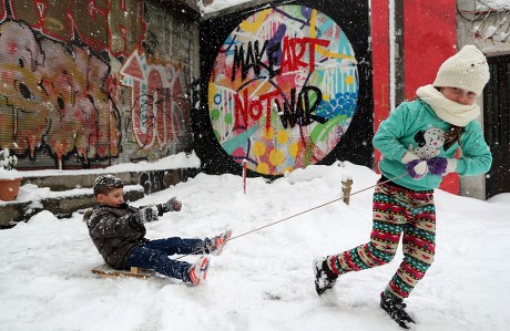 Two Children Enjoy Snowy Day Istanbul Editorial Stock Photo - Stock ...