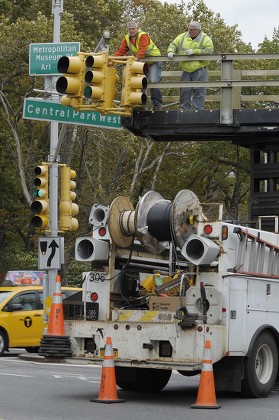 Workers Repair Traffic Light Damaged By Editorial Stock Photo - Stock ...