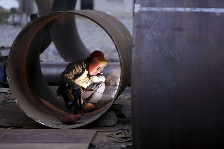 Worker Welds Inside Large Steel Pipe Editorial Stock Photo - Stock ...