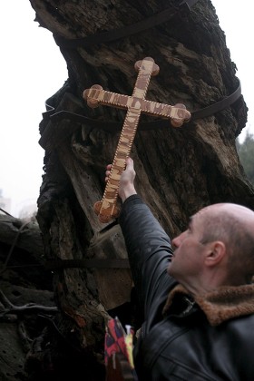 Christian Holds Wooden Crucifix Oak Rest Editorial Stock Photo - Stock ...