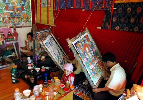 Three Artists Carefully Paint Tangka Pictures Editorial Stock Photo ...