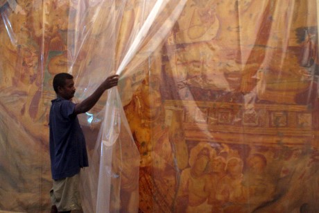 Museum Worker Uses Sheets Polythene Cover Editorial Stock Photo - Stock ...
