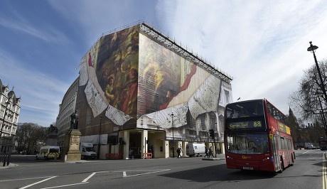 London Bus Drives Pass Building Covered Editorial Stock Photo - Stock ...
