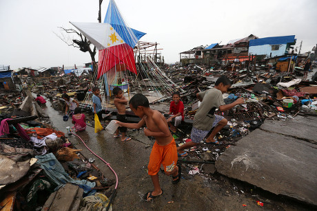 Filipino Typhoon Survivors Play Front Giant Editorial Stock Photo ...
