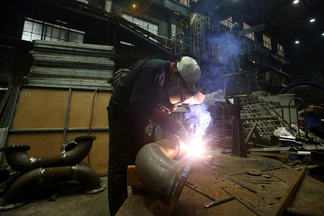 Chinese Worker Welds Steel Pipe Industrial Editorial Stock Photo ...