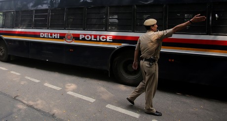 Indian Policeman Gestures Delhi Police Bus Editorial Stock Photo ...