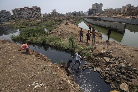 Indian Slum Children Cross Stream They Editorial Stock Photo - Stock ...