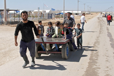 Syrian Refugee Man Pulls Cart Boys Editorial Stock Photo - Stock Image ...