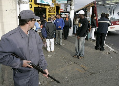 Brazilian Police Member Patrols Bus Stop Editorial Stock Photo - Stock ...