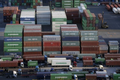 Container Trucks Queue Line Amid Containers Editorial Stock Photo ...