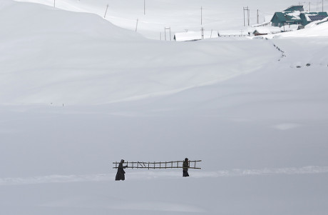 Kashmiri People Carry Ladder On Snowcovered Editorial Stock Photo ...