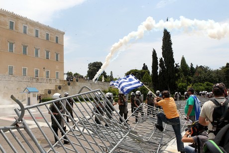 Demonstrator Waving Greek Flag Tries Overcome Editorial Stock Photo - Stock Image | Shutterstock
