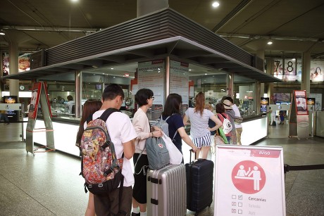 Several Travelers Stand Queue Front Information Editorial Stock Photo ...