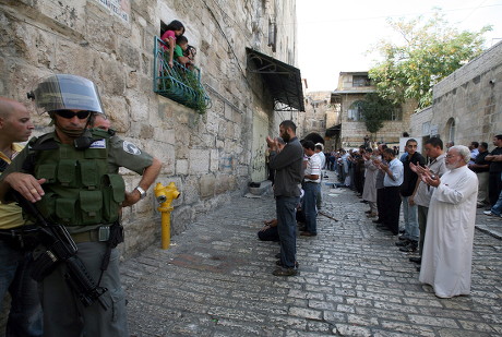 Palestinians Bow Prayers On Street Outside Editorial Stock Photo ...