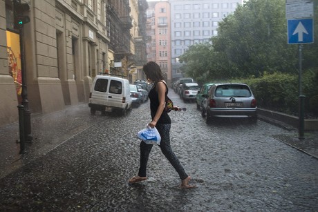 Woman Wades Through Flooded Street Jokai Editorial Stock Photo - Stock ...
