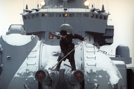 Military Sailor Cleans Snow Guns Battleship Editorial Stock Photo ...