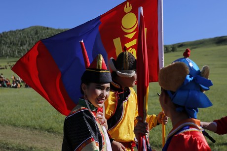 Mongolian People Traditional Attire Hold Mongolian Editorial Stock ...