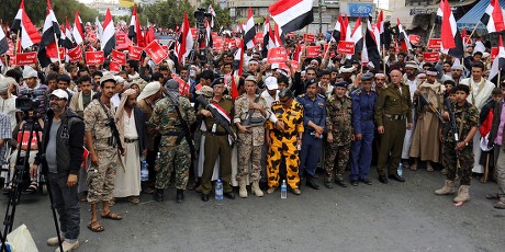 Houthi Supporters Hold Yemeni Flags During Editorial Stock Photo ...