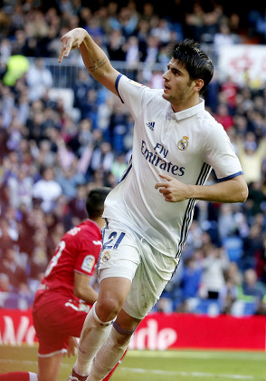 Real Madrids Forward Alvaro Morata Celebrates Editorial Stock Photo ...