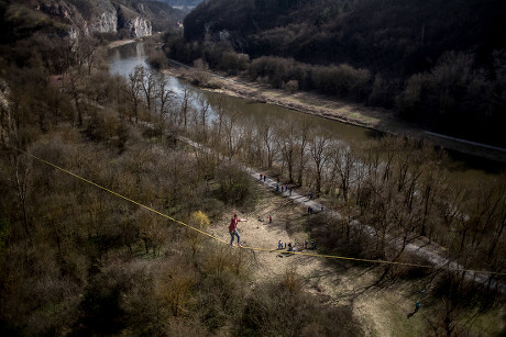 Participant Balances On Slackline Over Former Editorial Stock Photo ...
