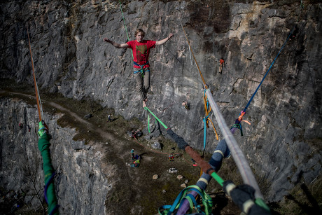 Participant Balances On Slackline Over Former Editorial Stock Photo ...