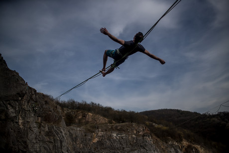 Participant Balances On Slackline Over Former Editorial Stock Photo ...