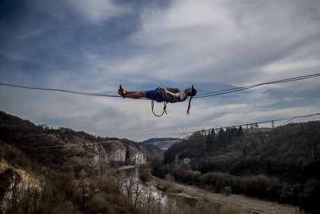 Participant Balances On Slackline Over Former Editorial Stock Photo ...