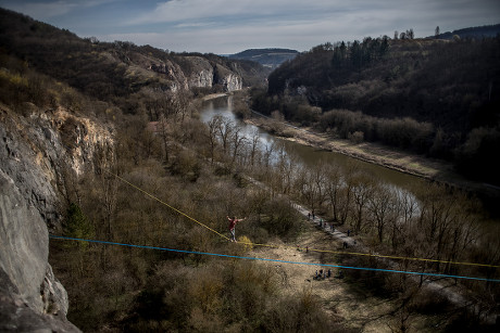 Participant Balances On Slackline Over Former Editorial Stock Photo ...